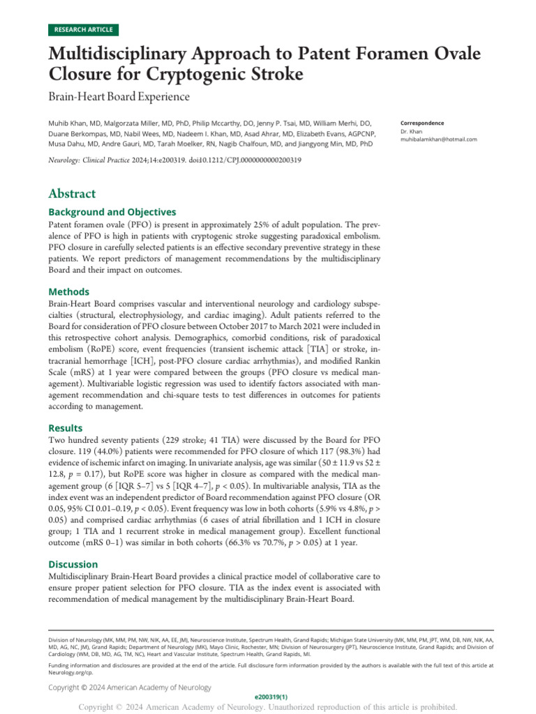 Multidisciplinary Approach To Patent Foramen Ovale Closure For ...