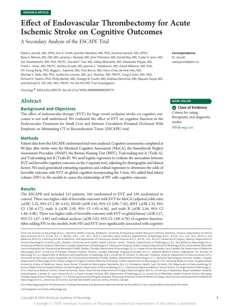 Effect of Endovascular Thrombectomy For Acute Ischemic Stroke On ...