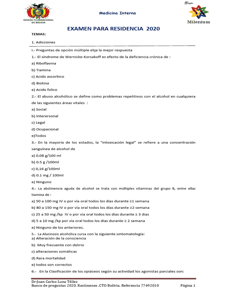 Examen de RM MEd Inte Adicciones - Preguntas | PDF