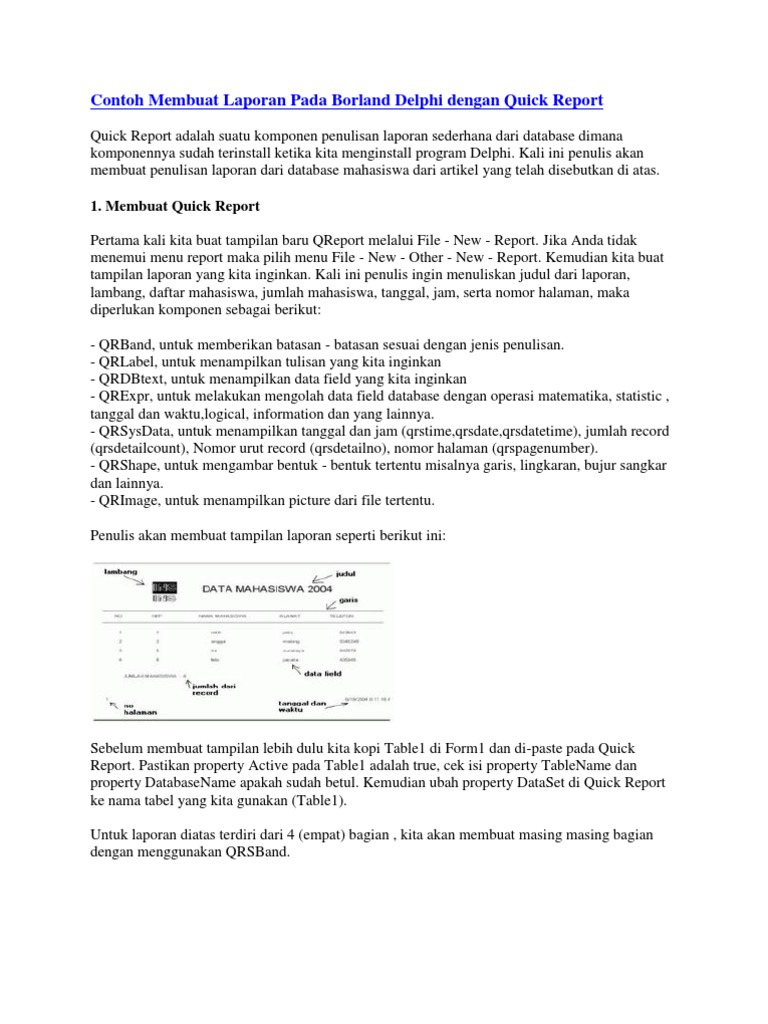 Contoh Membuat Laporan Pada Borland Delphi Dengan Quick Report | PDF