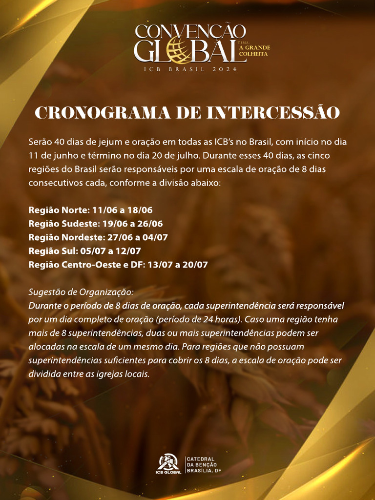 Cronograma De Intercessão Convenção Global Icb 2024 Pdf