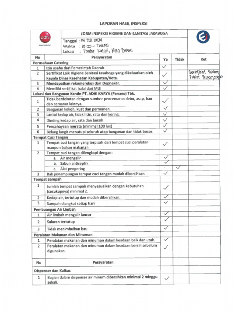Inspeksi Catering Periode Juli - Dept EI - 2024 | PDF