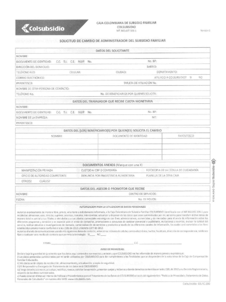 Formulario Solicitud Cambio de Administrador Subsidio Familiar | PDF