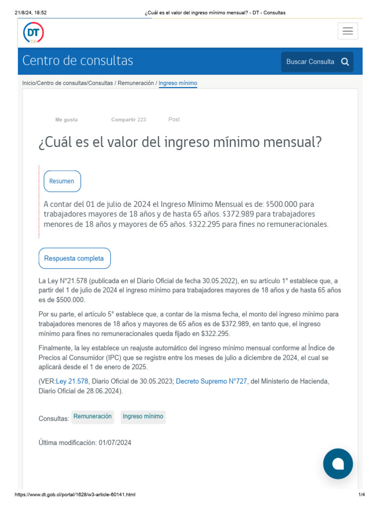 ¿Cuál Es El Valor Del Ingreso Mínimo Mensual - DT - Consultas | PDF ...