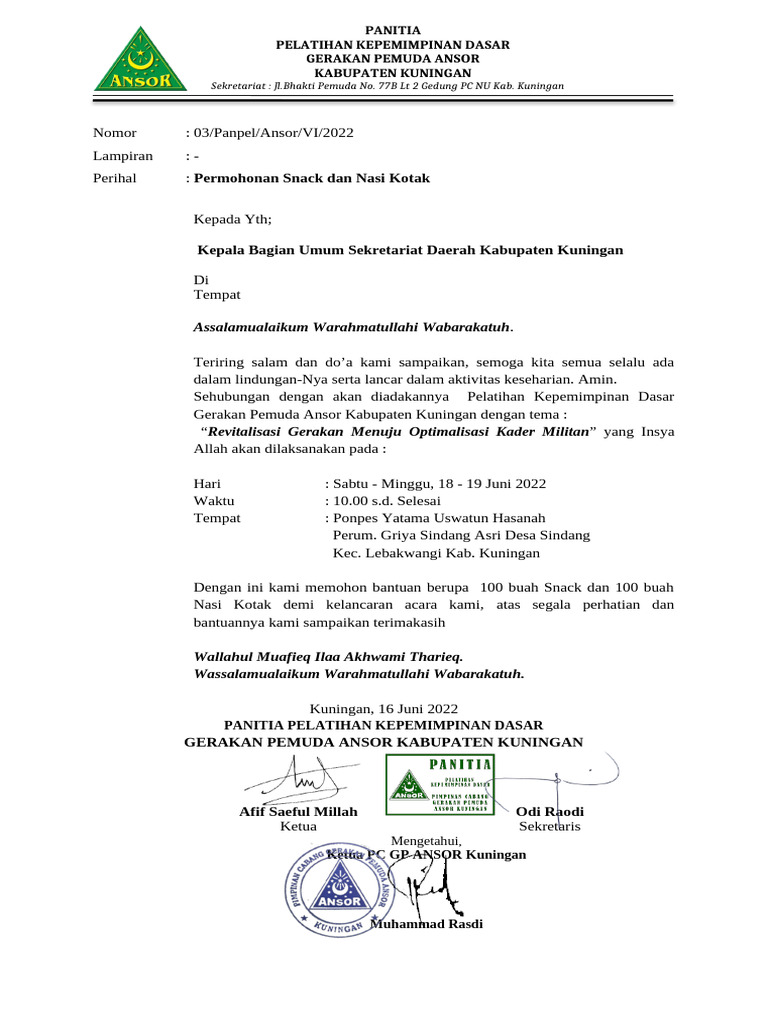 Surat Snack Dan Nasi | PDF