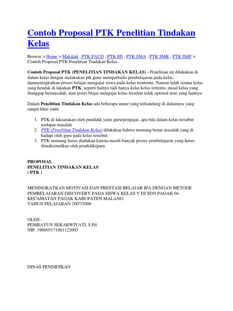 Contoh Proposal PTK Penelitian Tindakan Kelas | PDF