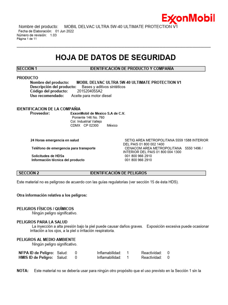 MSDS - 1024530 Mobil Delvac Ultra Sintetico | PDF | Exxon Mobil ...