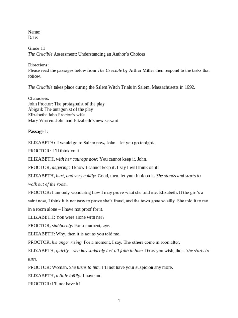 The Crucible Assessment: Understanding An Author's Choices: Passage 1 | PDF