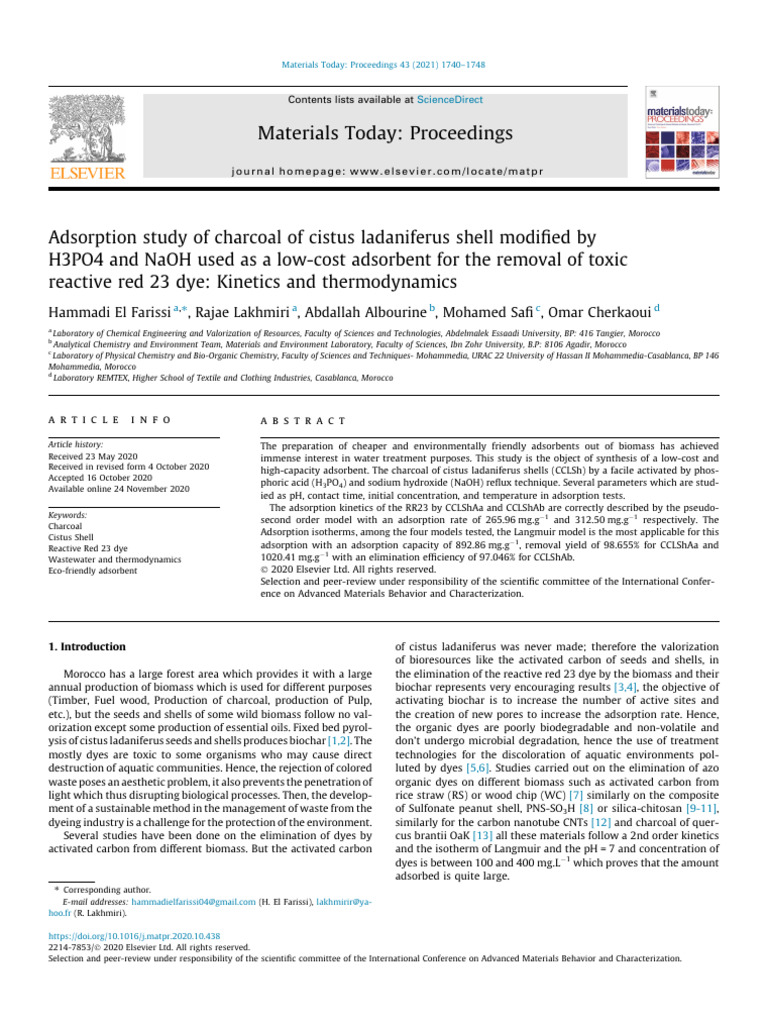 Materials Today: Proceedings: Hammadi El Farissi, Rajae Lakhmiri, Abdallah Albourine, Mohamed ...
