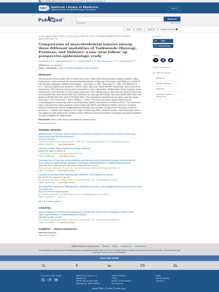 Comparisons of Musculoskeletal Injuries Among Three Different Modalities of Taekwondo (Kyorugi ...