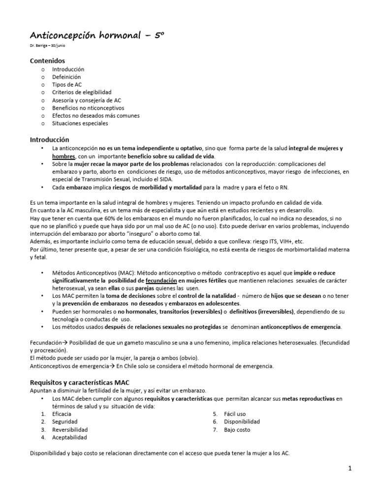 Anticoncepcioìn Hormonal - Barriga 5to | PDF