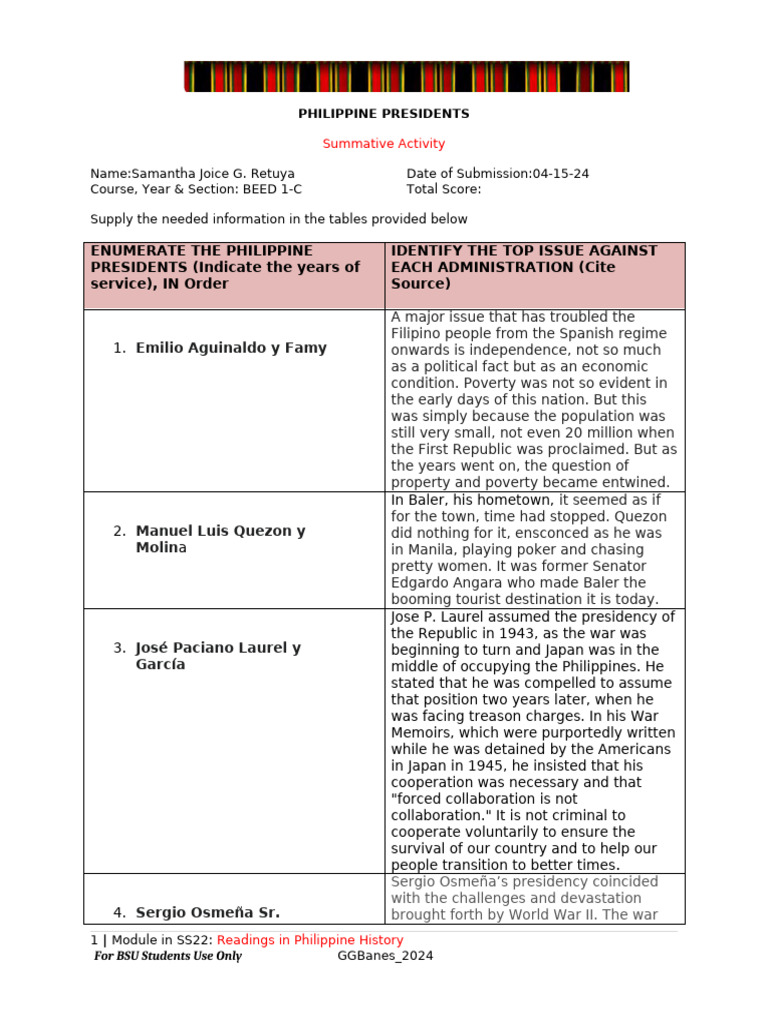 Enrichment Activity - Philippine Presidents | PDF