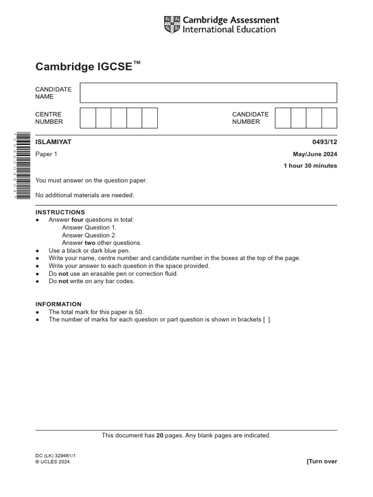 Cambridge IGCSE: ISLAMIYAT 0493/12 | PDF