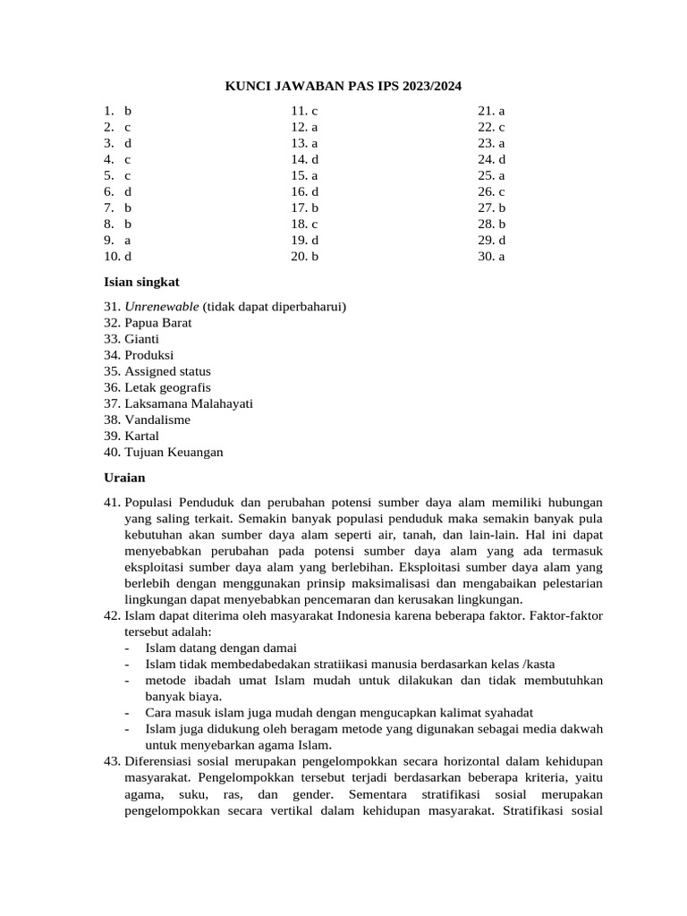 Kunci Jawaban Pat Ips Kelas Vii 2023-2024 | PDF