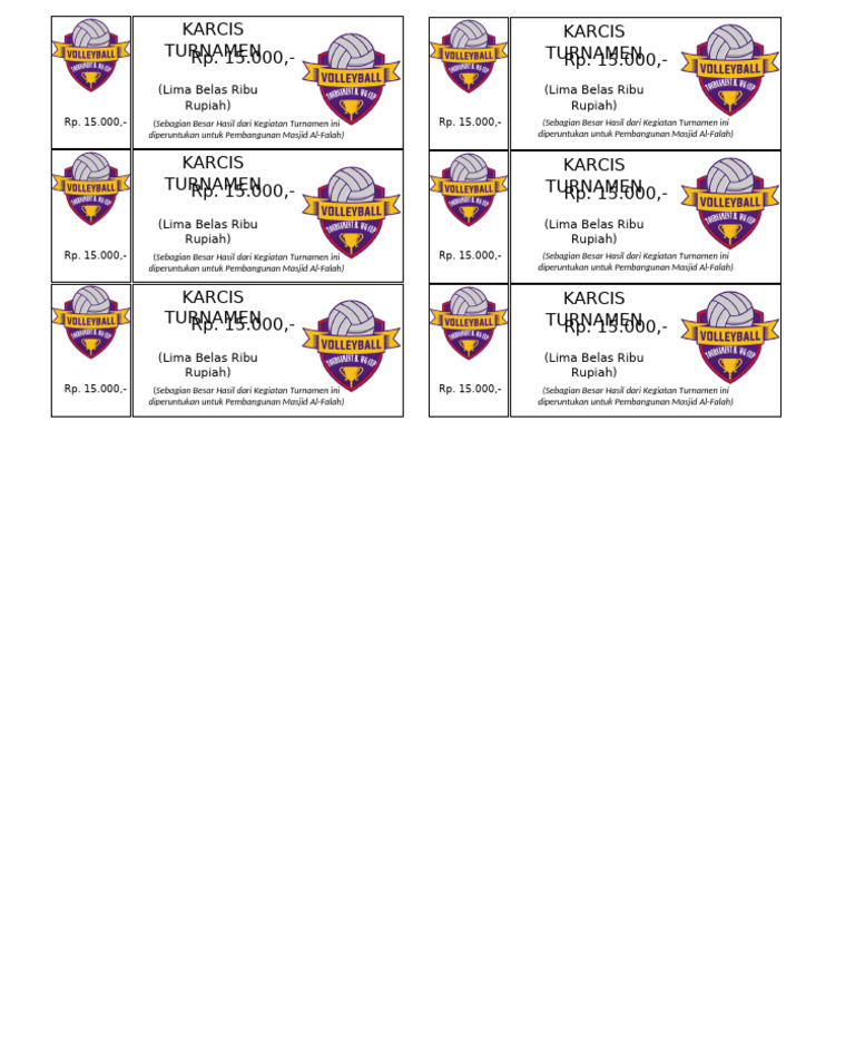 Karcis Turnamen Voli H. Wigiono Cup | PDF