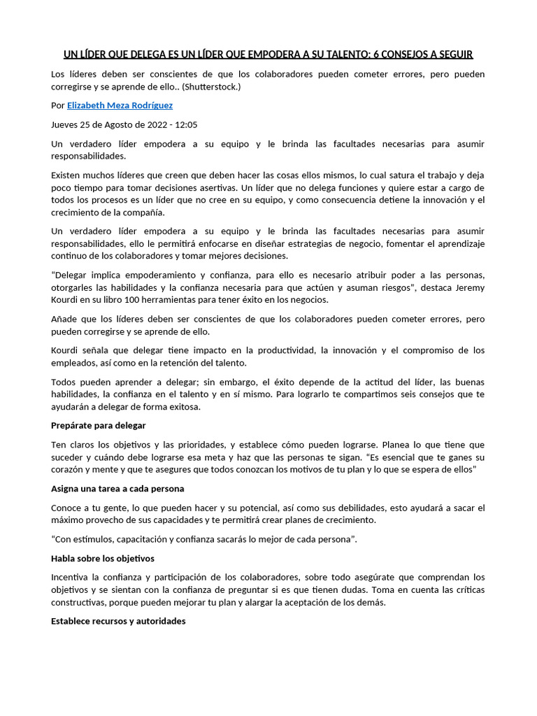 Un Líder Que Delega Es Un Líder Que Empodera A Su Talento | PDF | Cognición