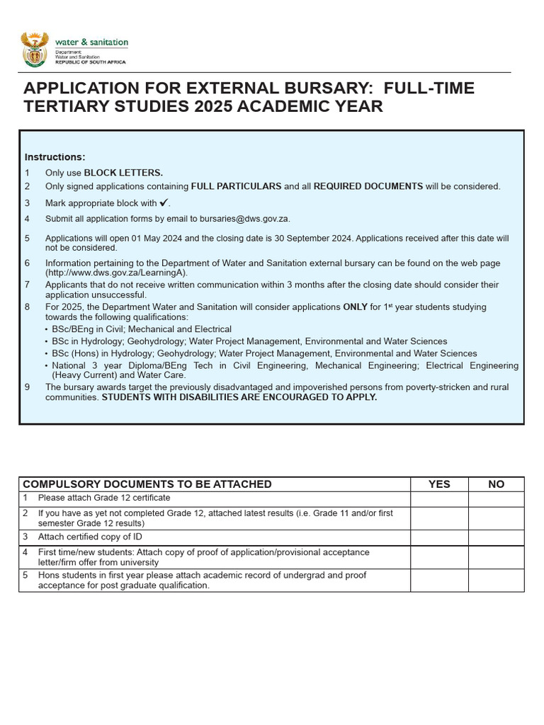Department of Water and Sanitation Bursary Application Form 2025 | PDF