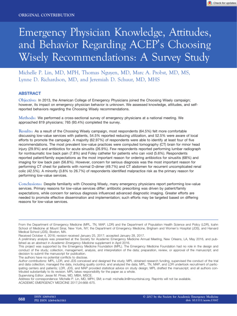 Academic Emergency Medicine - 2017 - Lin - Emergency Physician Knowledge Attitudes and Behavior ...