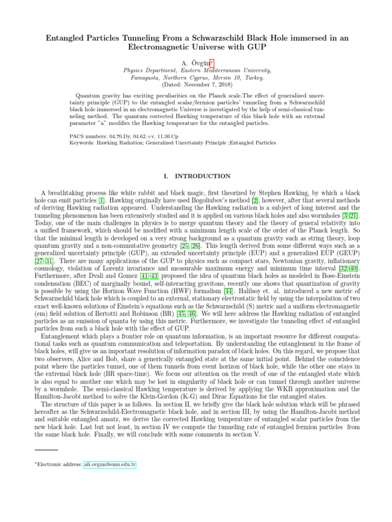 Entangled Particles Tunneling From A Schwarzschild Black Hole Immersed in An Electromagnetic ...