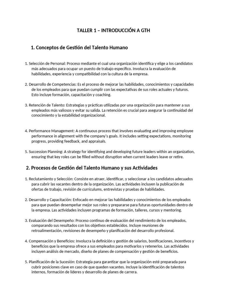 Taller 1 - Introducción GTH | PDF