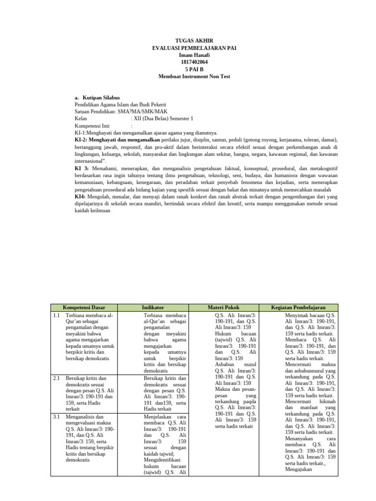 Imam Hanafi - Tugas Akhir Evaluasi - 1817402064 - 5 PAI B | PDF
