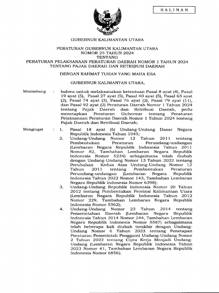 Pergub Peraturan Pelaksanaan Perda No 1 Tahun 2024 Tentang PDRD | PDF