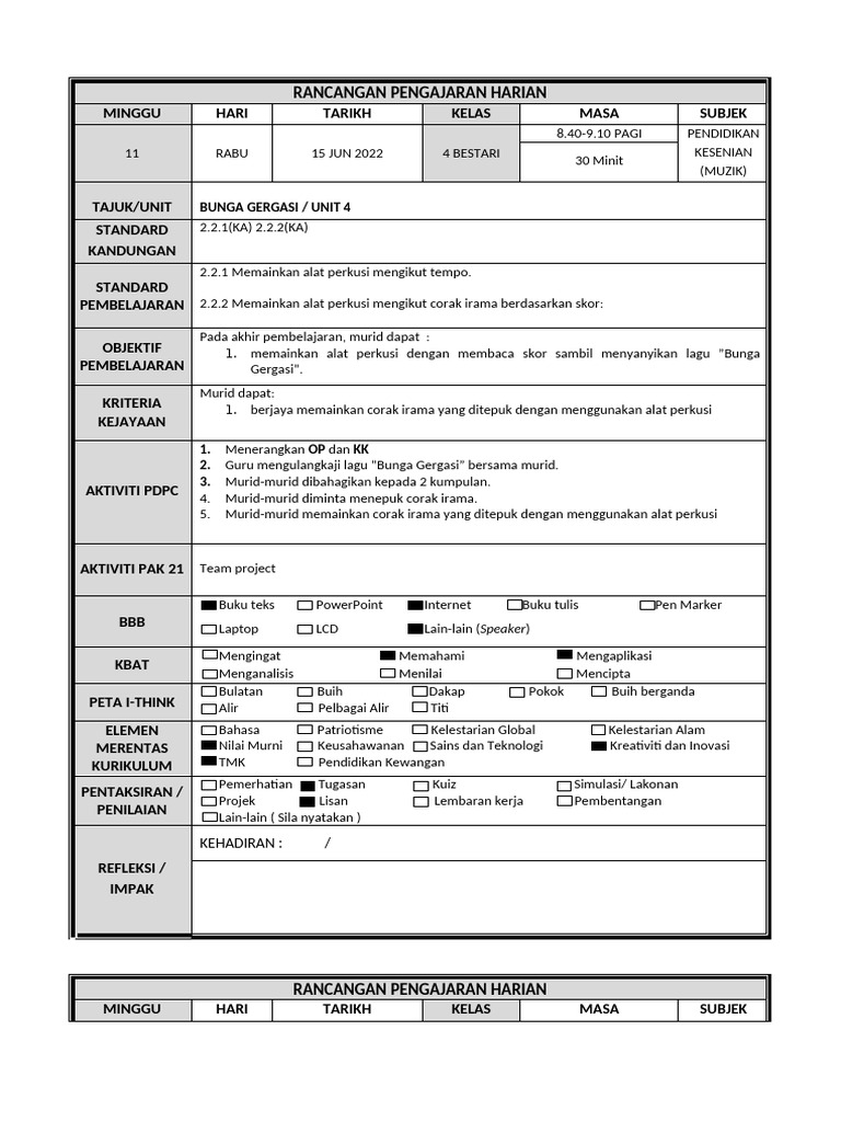 Rancangan Pengajaran Harian: Bunga Gergasi / Unit 4 | PDF