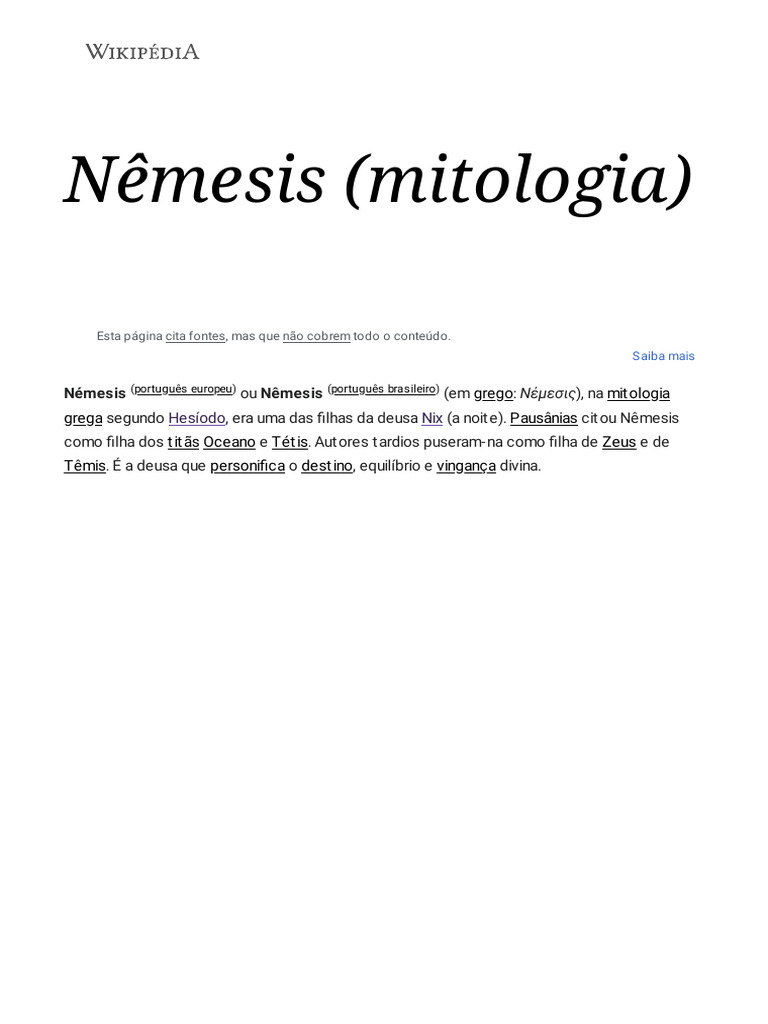Nêmesis (Mitologia) - Wikipédia, A Enciclopédia Livre | PDF