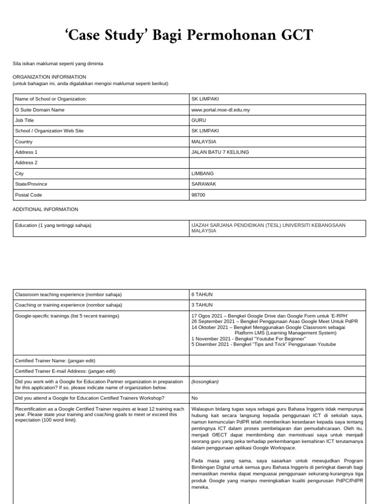 Borang Case Study GCT - Darrel | PDF