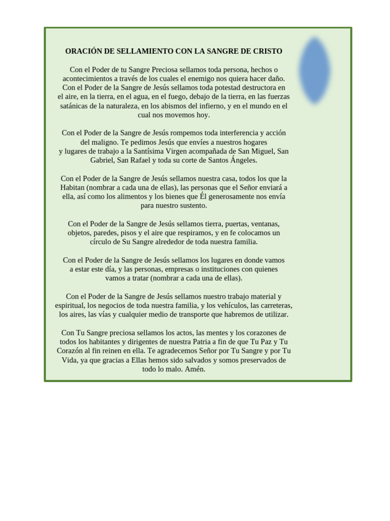 Oración de Sellamiento Con La Sangre de Cristo | PDF