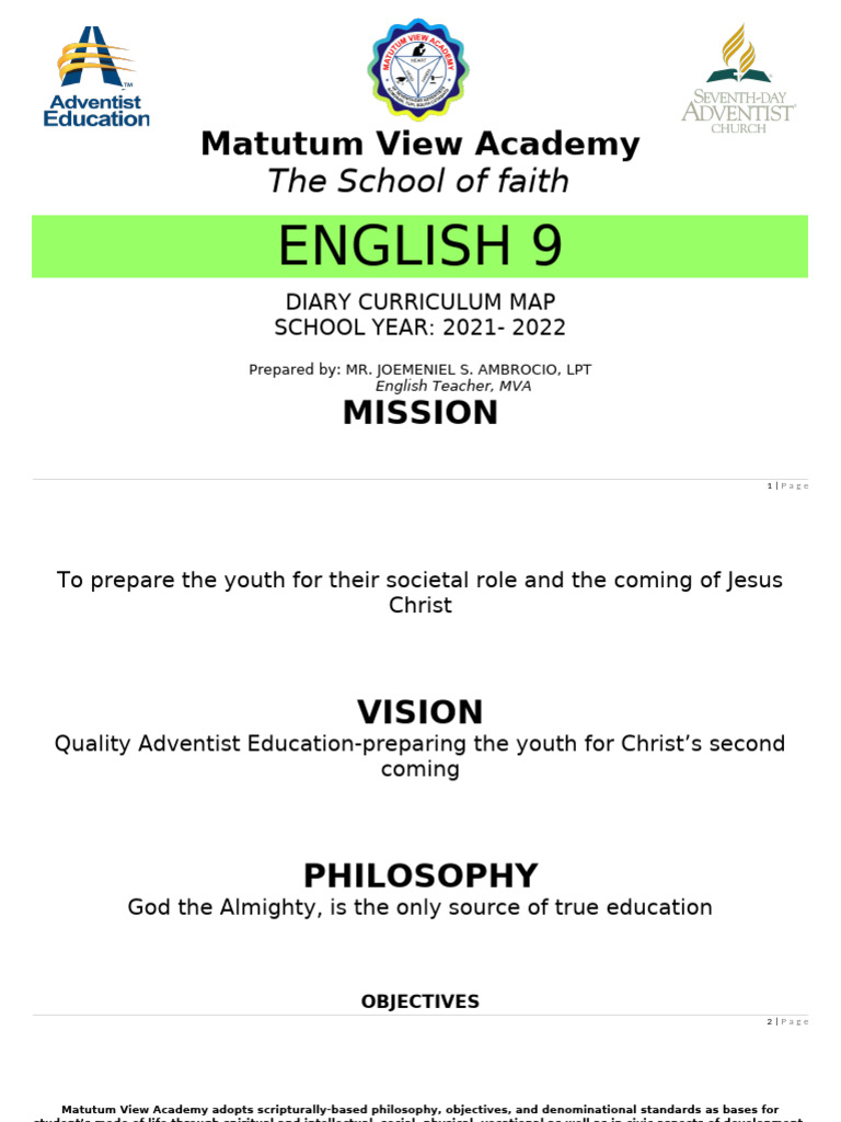 Diary Curriculum Map English 9 Updated | PDF