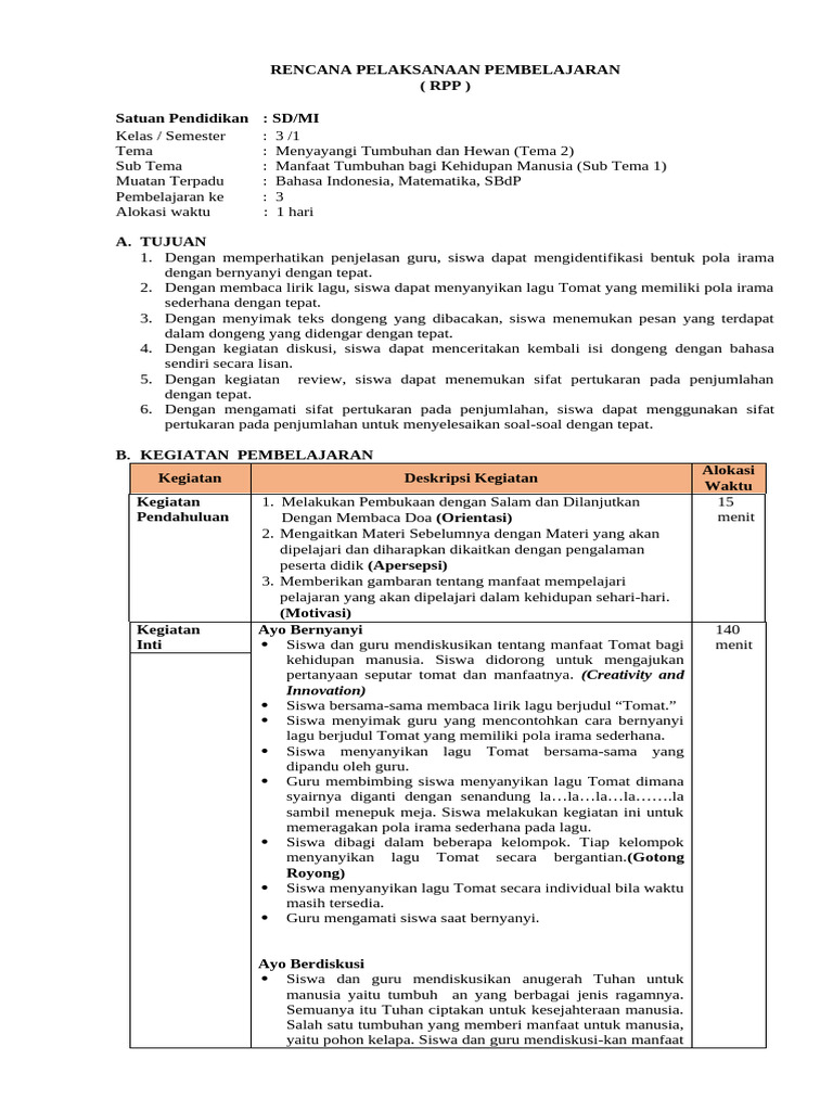 Rencana Pelaksanaan Pembelajaran (RPP) Satuan Pendidikan: SD/MI | PDF