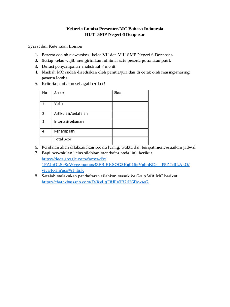 Kriteria Lomba MC KELAS VII DAN VIII | PDF