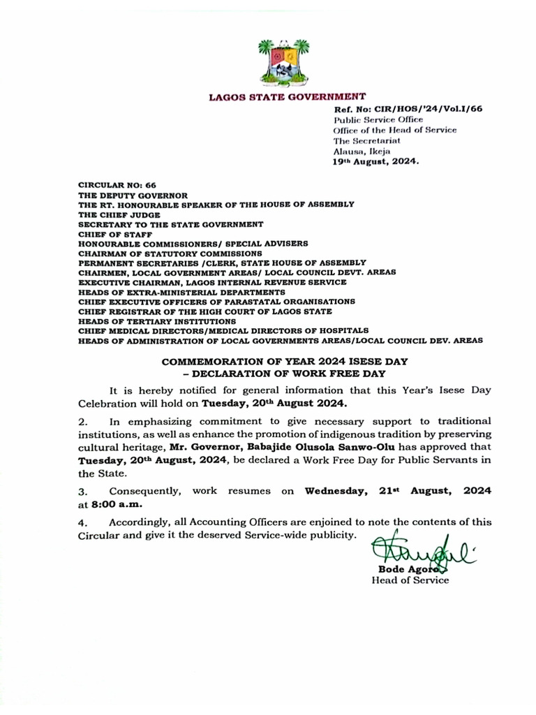 Commemoration of Year 2024 Isese Day - Declaration of Work Free Day | PDF