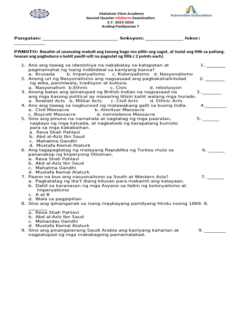 Araling Panlipunan 3rd mIDTERM Exam | PDF