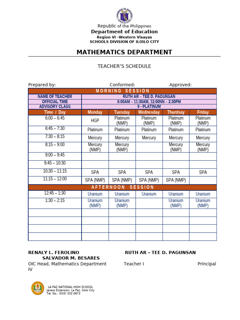 Pagunsan Teachers-Schedule Mathematics | PDF