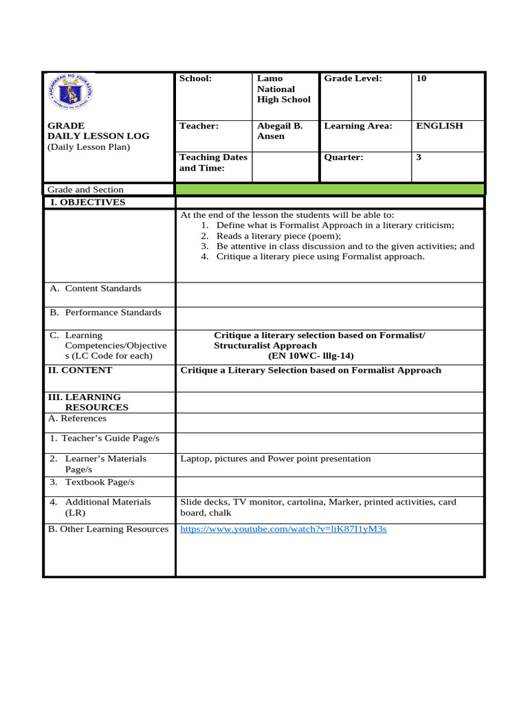 Lesson Plan On Formalism Approach | PDF