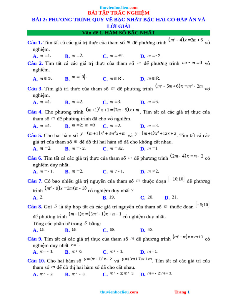 Trac Nghiem Phuong Trinh Quy Ve Bac Nhat Bac Hai | PDF