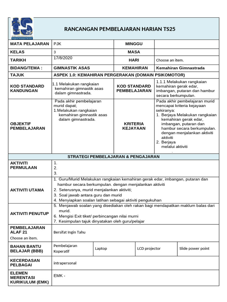 RPH Ts25 PJ Tingkatan 3 | PDF