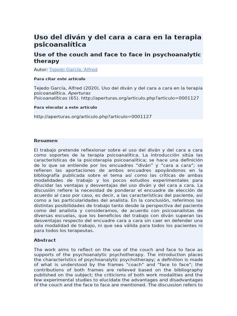 Uso Del Diván y Del Cara A Cara en La Terapia Psicoanalítica | PDF ...