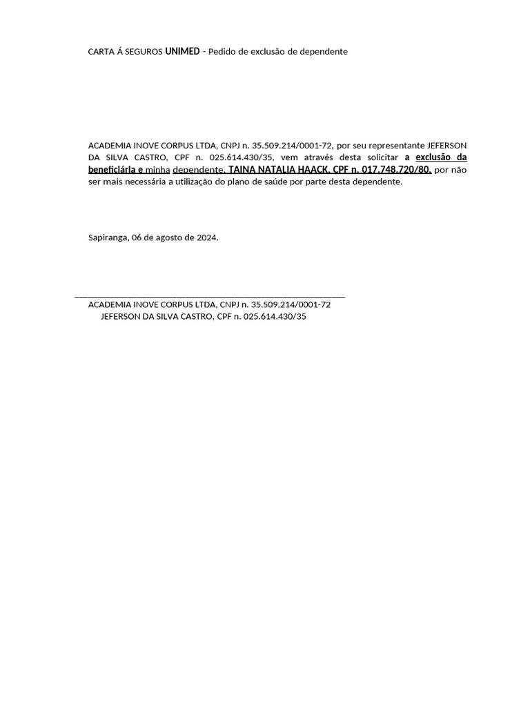 Carta Cancelamento à Seguros Unimed. | PDF
