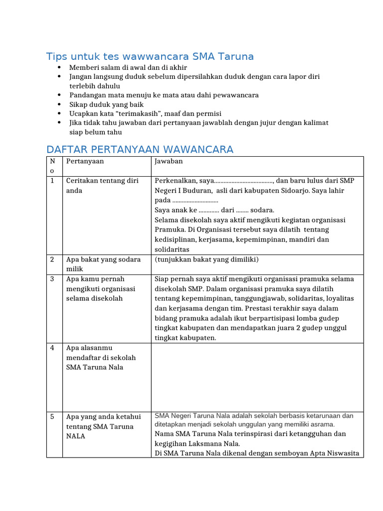 Daftar Pertanyaan Wawancara Nala | PDF
