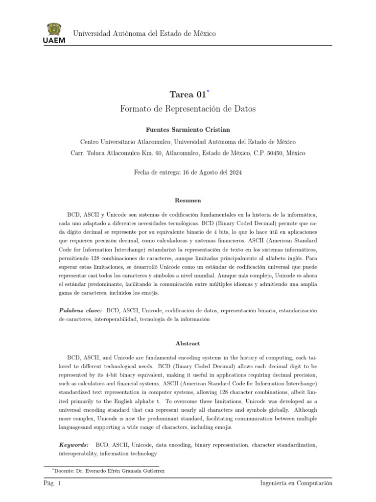 Tarea 01 Formatos de Representación de Caracteres | PDF | Ascii | Arte