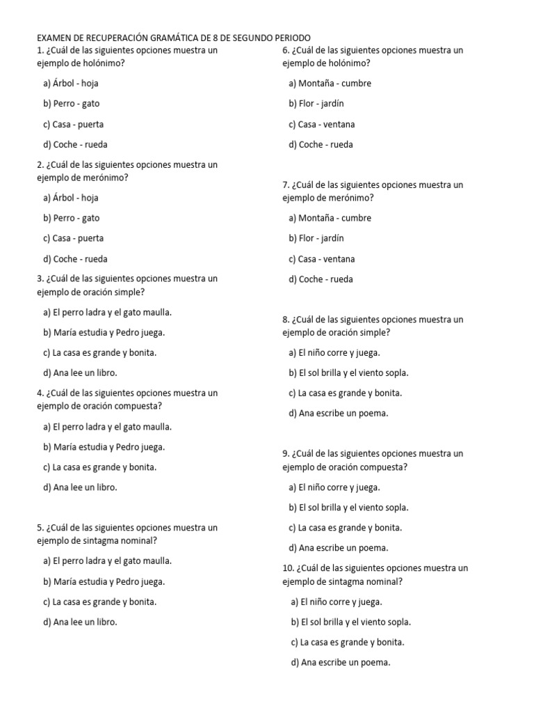 Examen de Gramatica 8 de Recuperacion Segundo Periodo | PDF