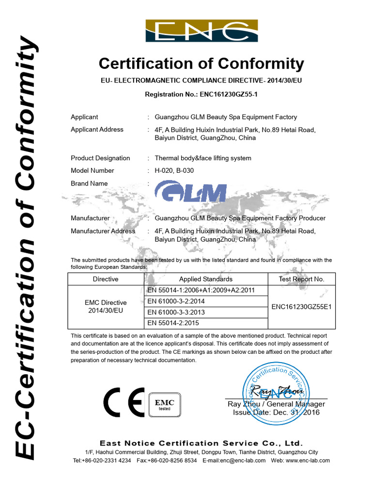 Certification of Conformity: Eu-Electromagnetic Compliance Directive ...