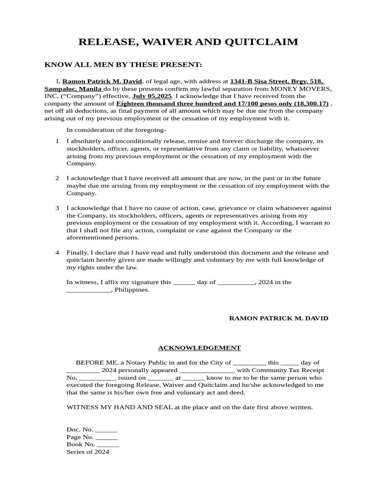 EMPLOYEE Quitclaim | PDF