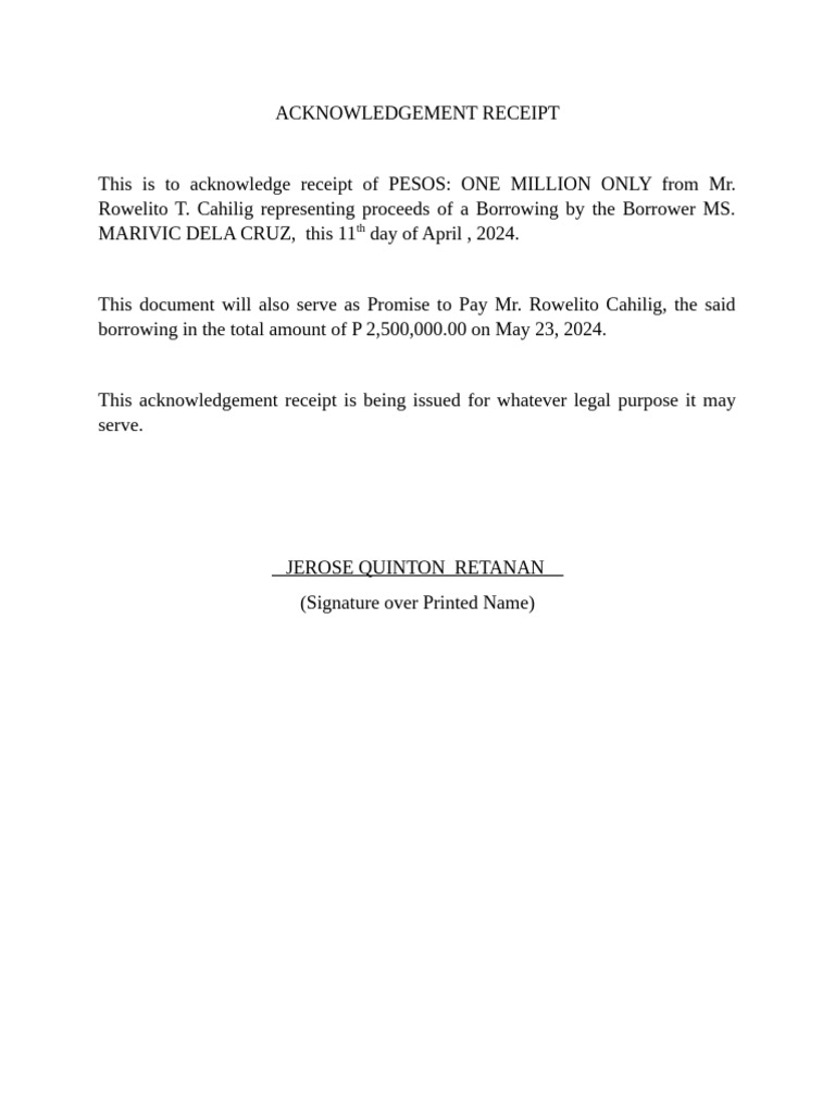 Acknowledgement Receipt For Mortgage Jerose | PDF