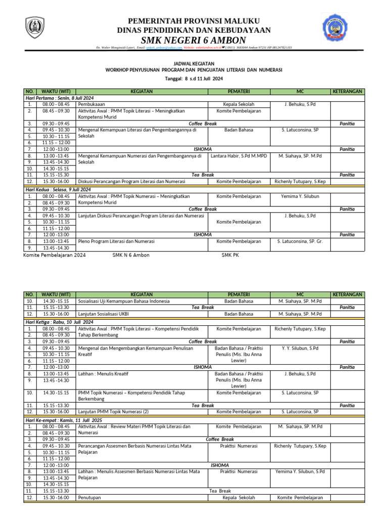 Jadwal Kegiatan Workshop 2024 | PDF