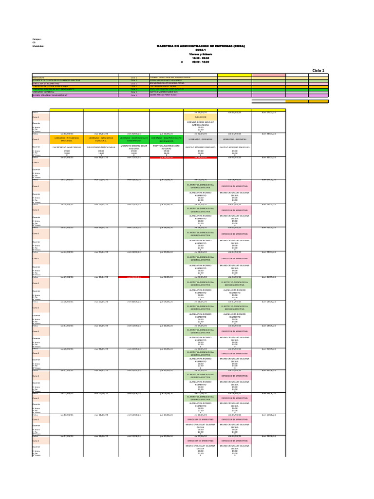 Horario 1er Ciclo - EMBA 2024-1 | PDF