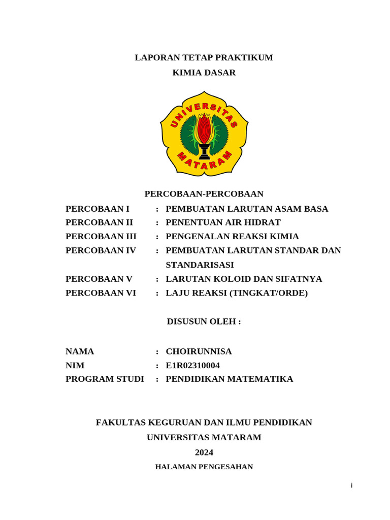 Laporan Tetap Praktikum Kimdas-1 | PDF Laporan Tetap Praktikum Kimdas-1 | PDF